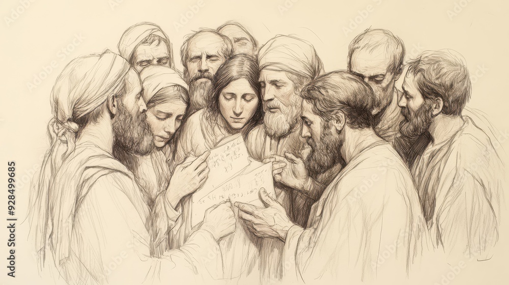 Biblical Illustration of Families Gathered Around the Scribe, Faces ...