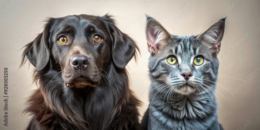Adorable black Labrador dog and blue Maine Coon cat sit side by side ...