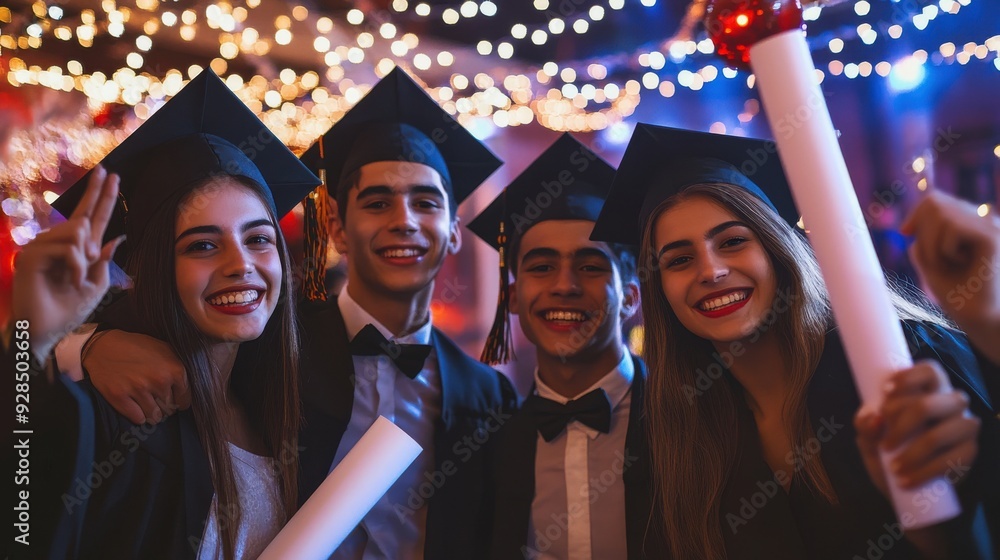 High-school graduates celebrating their achievement at a party, dressed ...