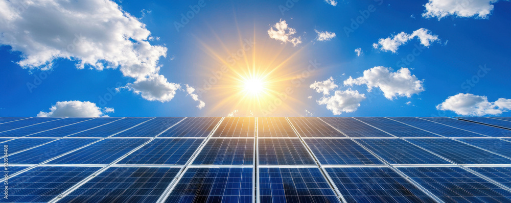 Vibrant solar panels illuminated by the sun, surrounded by blue skies ...