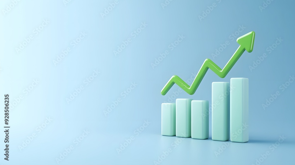 3D graph showing upward growth with bar columns and an arrow ...