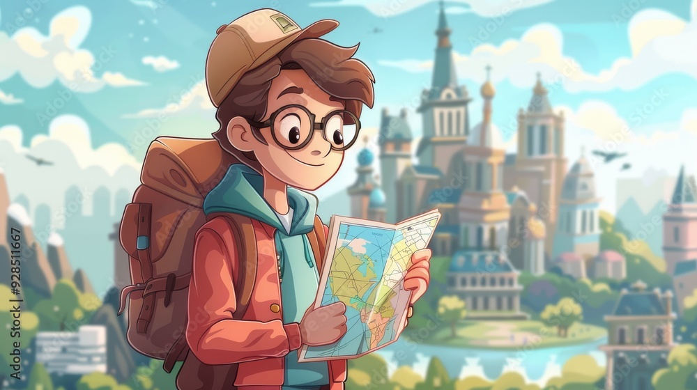 Cartoon vector traveler using a map to navigate in a foreign city Stock ...