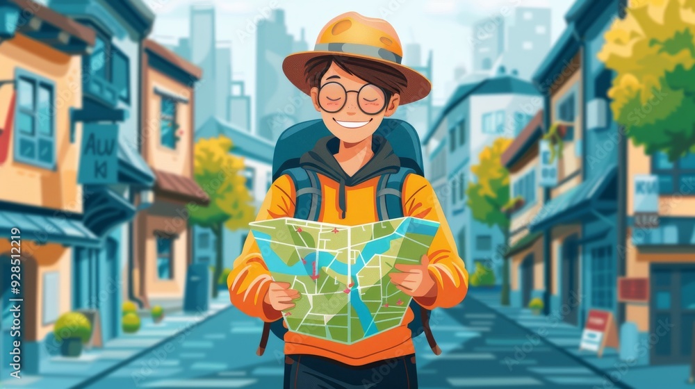 Cartoon vector traveler using a map to navigate in a foreign city Stock ...