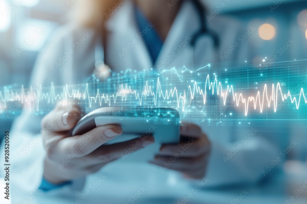 Digital Health Monitoring With Wearable Ecg Device Surreal Heart Waveforms In Medical Lab