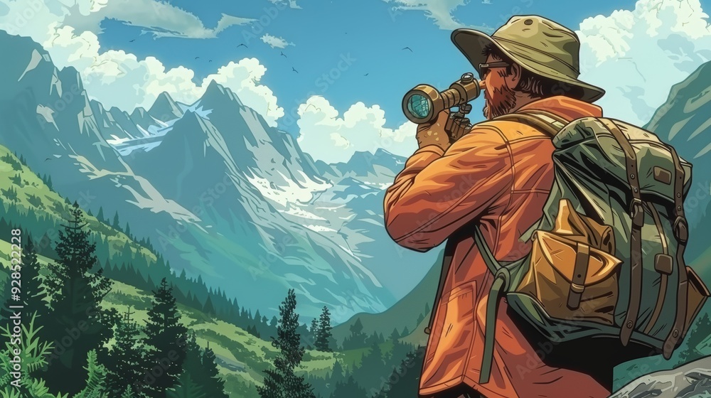 Cartoon vector explorer using a sextant for navigation in the ...