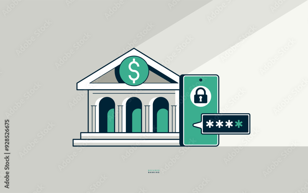 Secured banking concept poster, bank building with phone and code ...