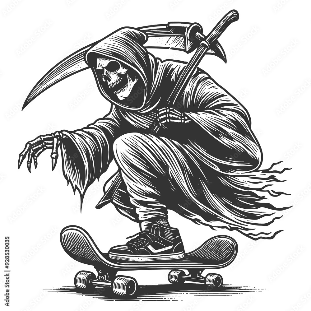 Grim Reaper riding a skateboard holding a scythe, dark themes with ...