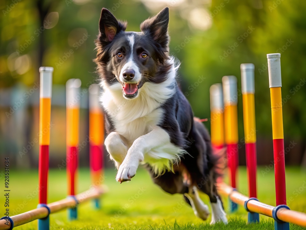 Focused Border Collie navigates complex slalom course with agility ...