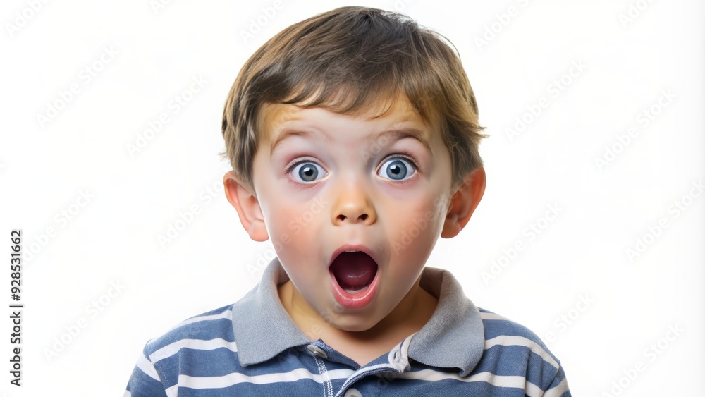 Adorable young boy with a look of utter shock and amazement, mouth agape and eyes wide with ...