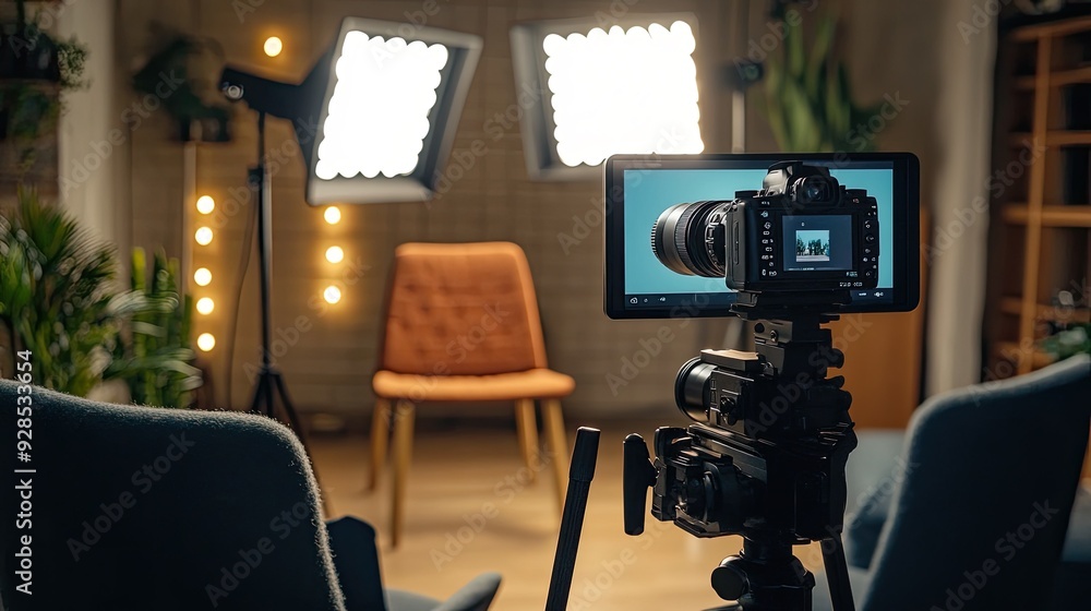 A detailed video interview setup with a DSLR camera, softbox lights ...