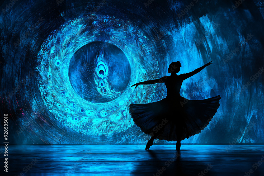 A silhouette of a dancer gracefully posed against a vibrant blue ...