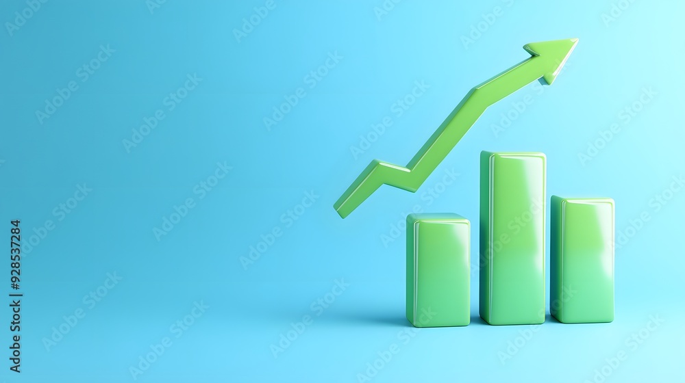 Green upward graph arrow on bar chart against blue background ...