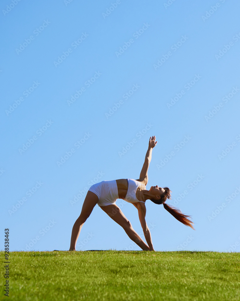 Quiet moment in nature, stretching or yoga outdoors, immersing in ...