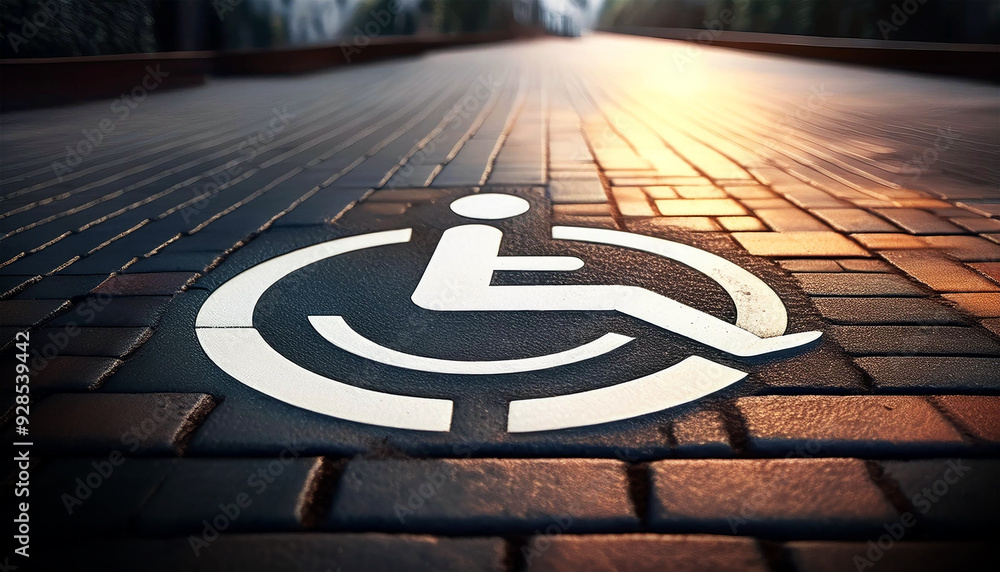 Extreme close-up of a wheelchair access sign on a city sidewalk. White ...