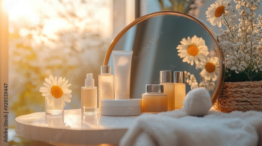 Beauty essentials placed around a round mirror, highlighting skincare ...