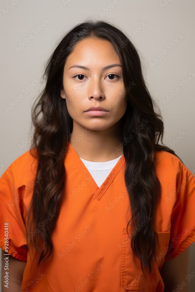 Mugshot of young Native American female prisoner in orange jumpsuit ...