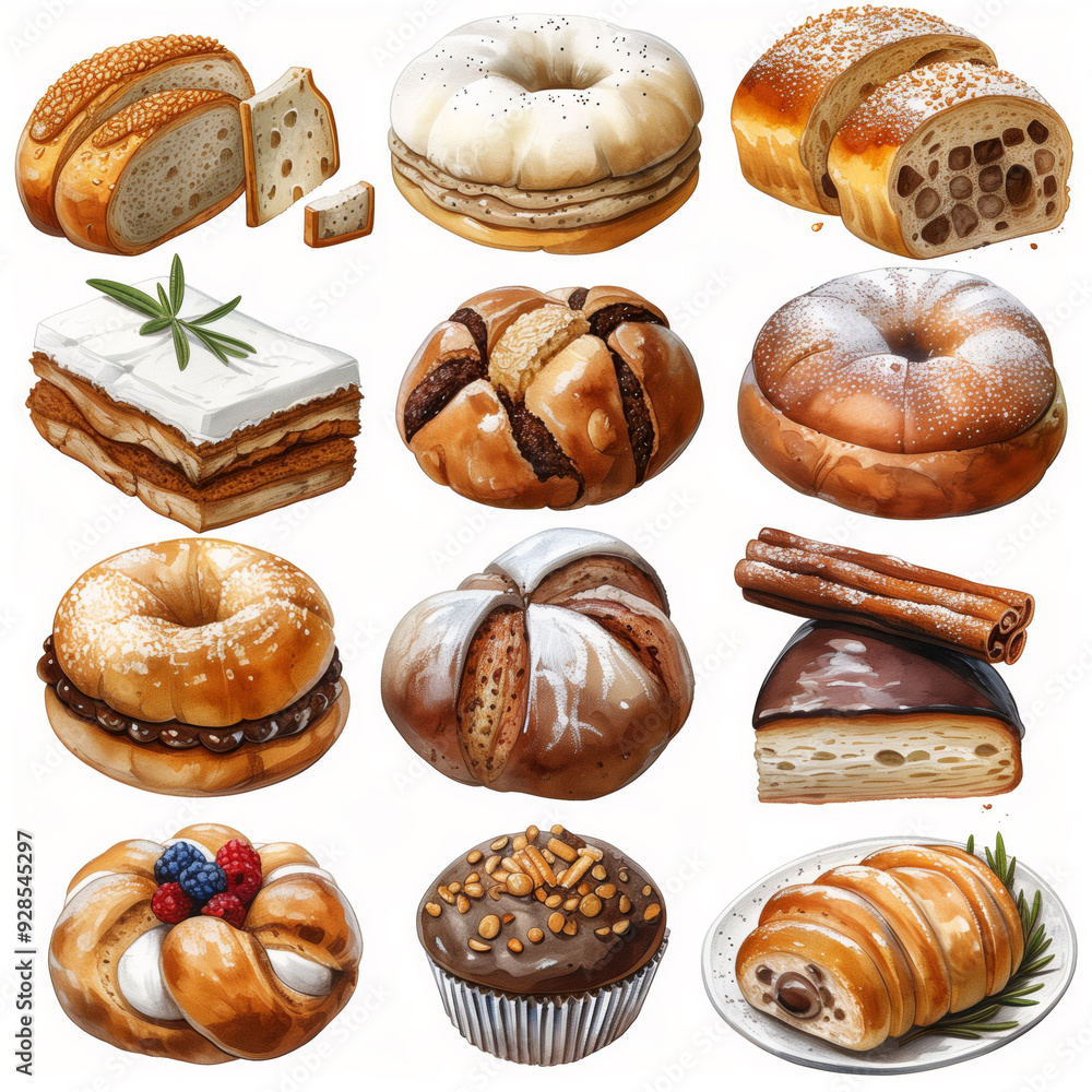 Set of cute bakery products: bread,bun,cupcake,donut,pie,cake,cookie ...