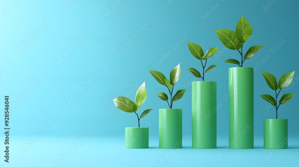 Green plants growing in ascending graph-like columns on a blue ...