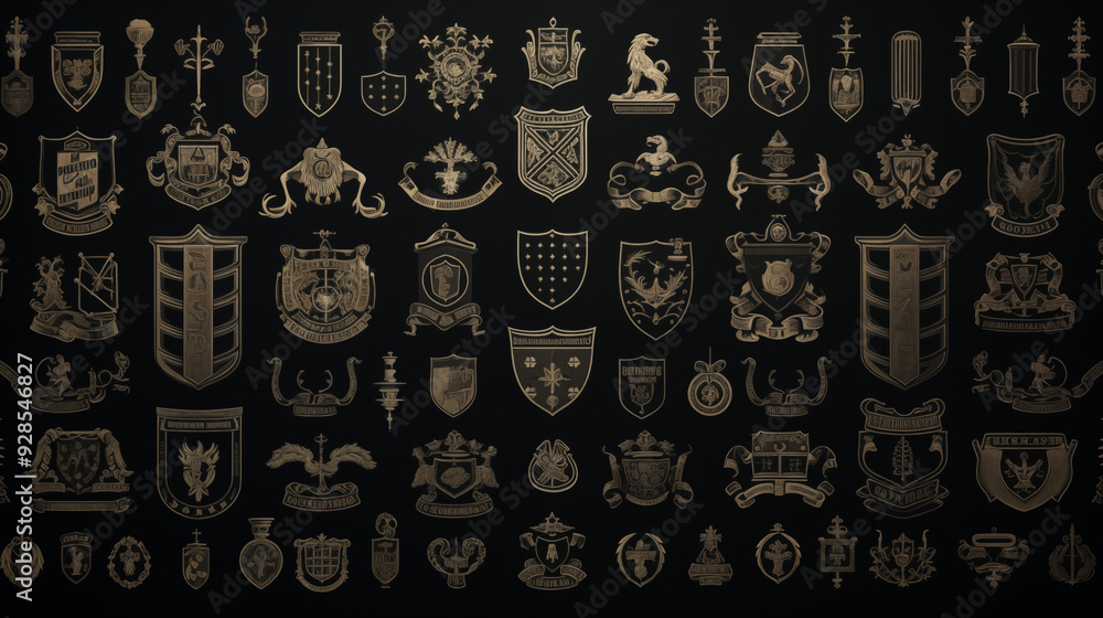 Gold and Black Heraldic Shield Emblem Collection Featuring Vintage ...
