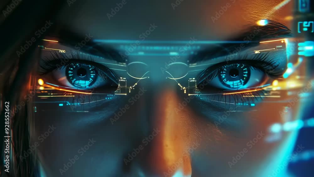 A close-up of a woman's eyes with a glowing augmented reality display ...