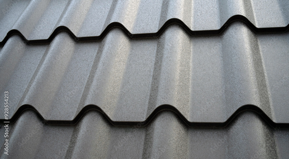 Close-up view lightweight galvanised steel roofing sheet. Modular tile ...