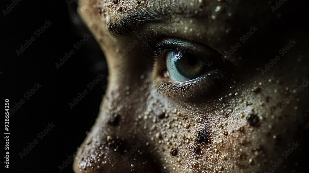 Close-up of a young woman with rashes and purulent pimples on a dark ...