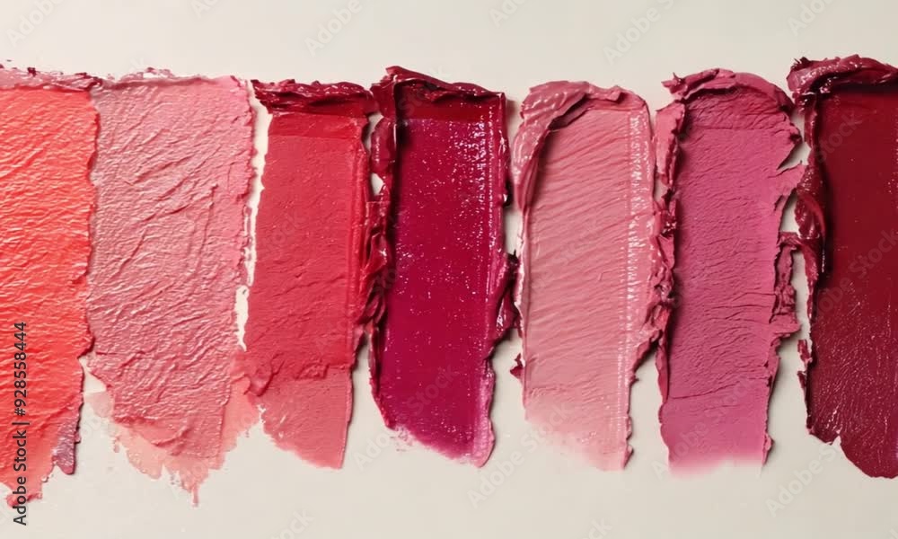 A close-up of six different shades of red and pink lipstick swatches ...
