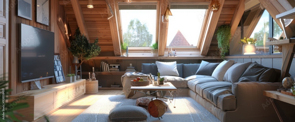 beautiful modern attic interior 3d design concept. Realistic DOF effect ...