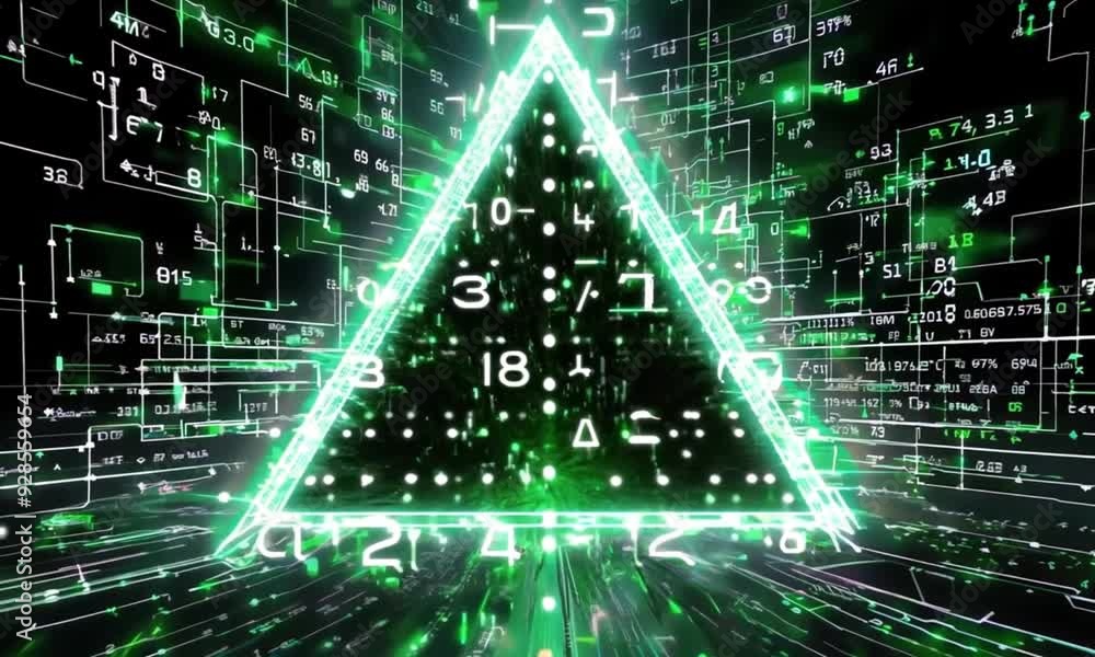 Futuristic digital pyramid with glowing green lines and complex data ...