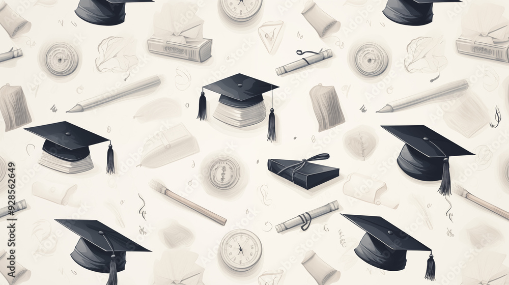 Graduation Caps and Educational Elements Pattern Illustration Featuring ...