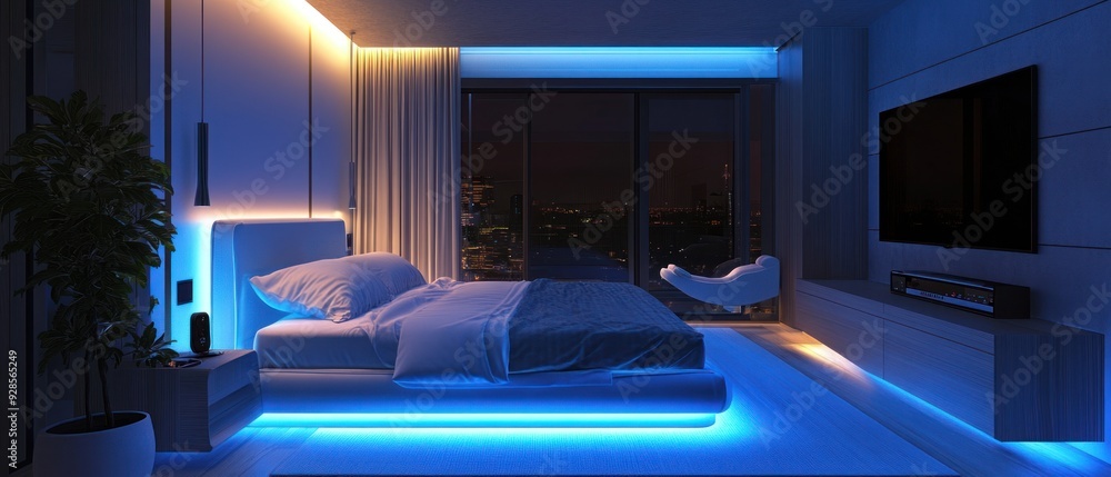 Modern bedroom with blue accent lighting, a city view, and a plant ...