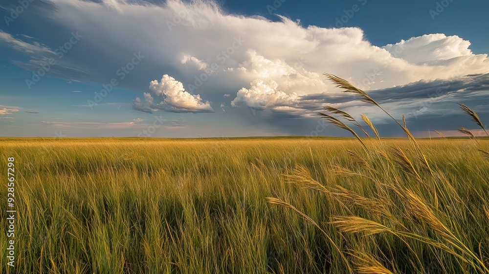 Wide-Open Prairie with Tall Grasses Waving in the Wind, Under a Vast ...