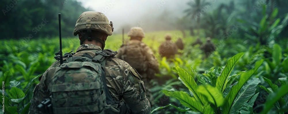 Military Tactical Training in Dense Forest Soldiers Move Through Lush ...