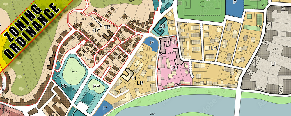 ZONING ORDINANCE CONCEPT with imaginary General Urban Plan, indications ...