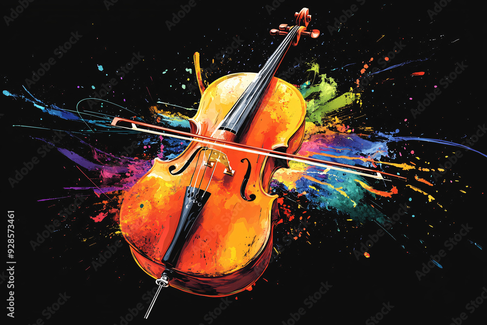 dynamic visual of a cello surrounded by colorful paint splashes on a ...
