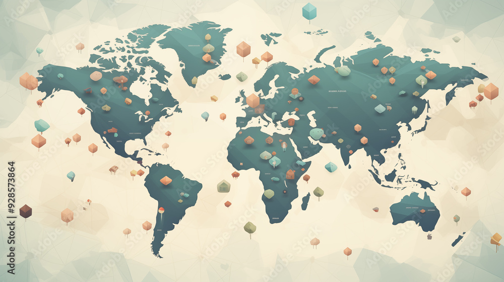 World Map with Geometric Icons of Major Cities and Landmarks Abstract ...