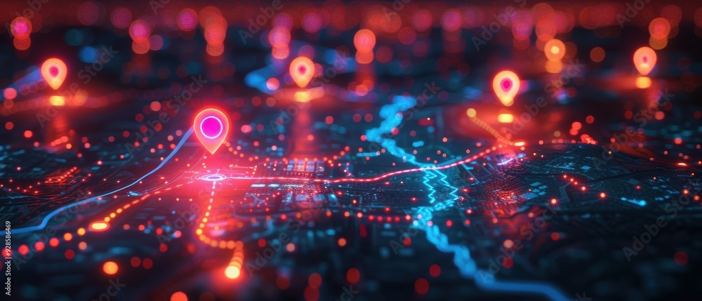 Innovative 3D Holographic Map Showing Location Markers and Navigation ...
