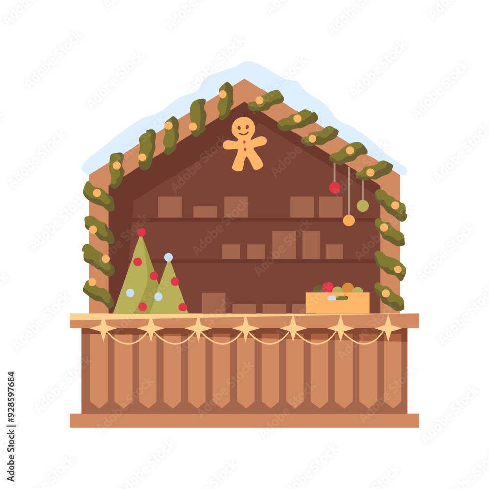 Winter stall decorated by garlands or fir trees, stars and New Year ...