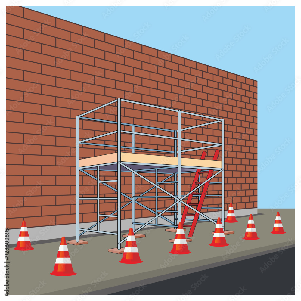3D view vector illustration of scaffolding for construction work. Brick ...