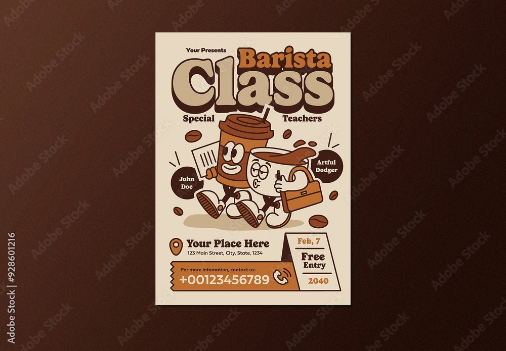 Brown Playful Retro Cartoon Illustration Barista Class Flyer Stock ...
