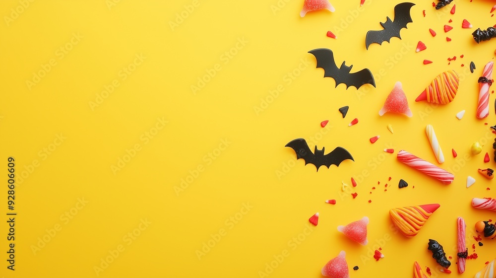 Colorful background for Halloween with peppermint sticks and candy bats ...