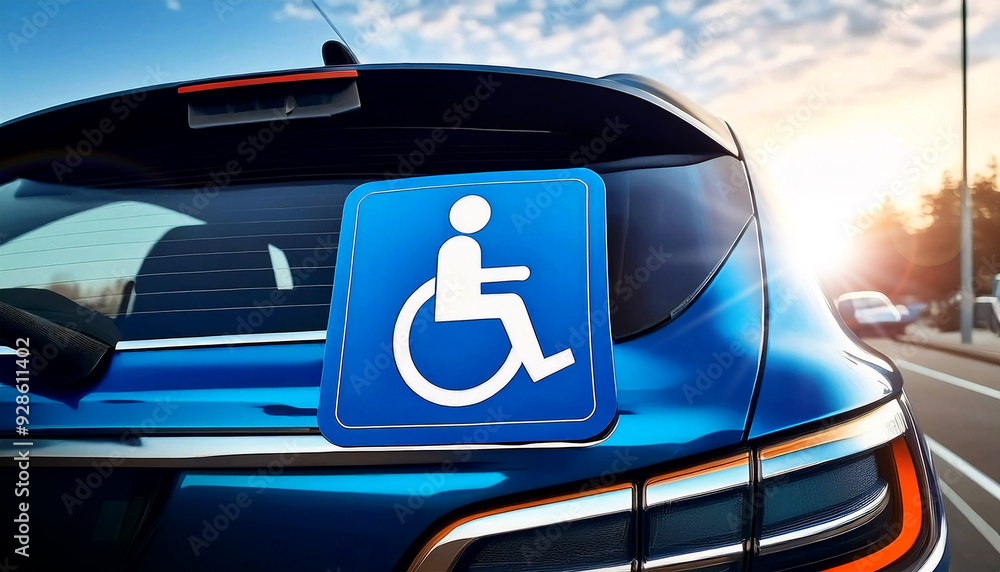 Extreme close-up of a blue and white wheelchair access sign (sticker ...