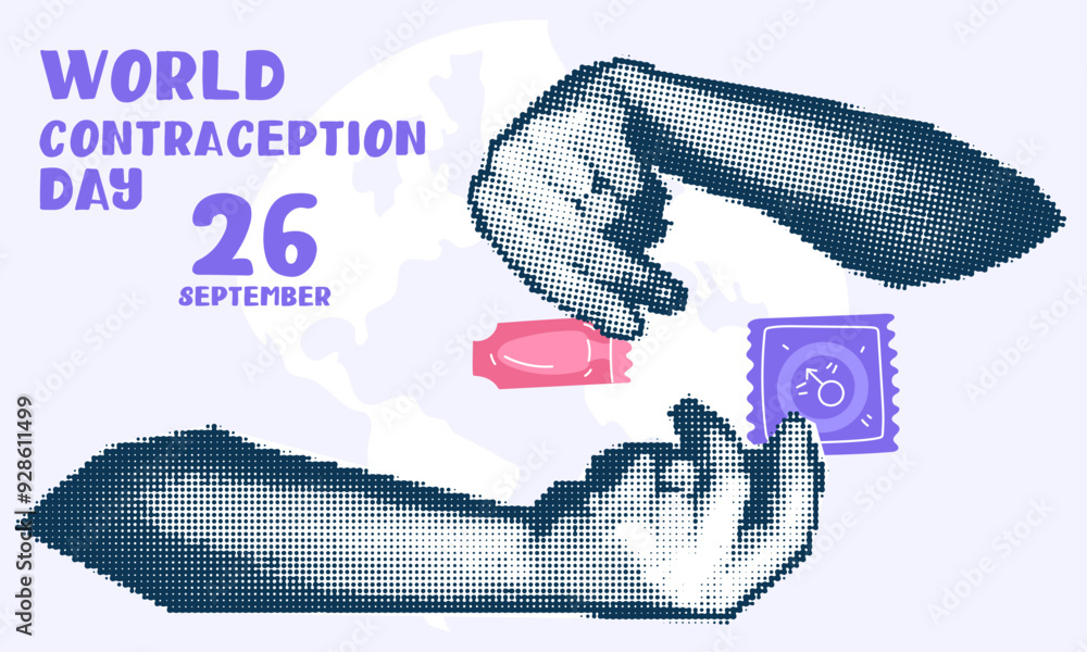 Hands holding contraceptives, a collage pop art grunge. World ...