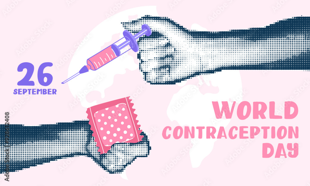 Hands holding contraceptives, a collage pop art grunge. World ...
