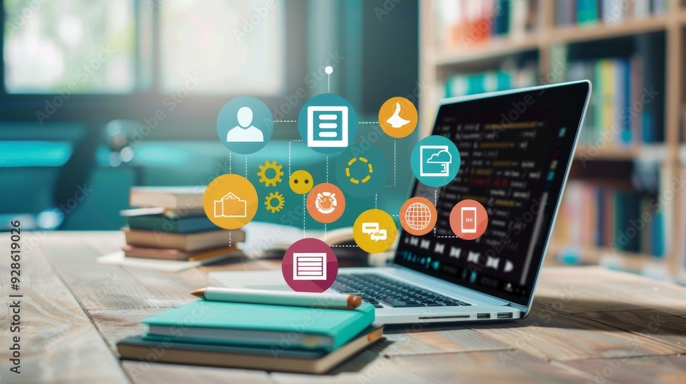 Digital learning concept with a laptop and floating icons for different aspects of online ...