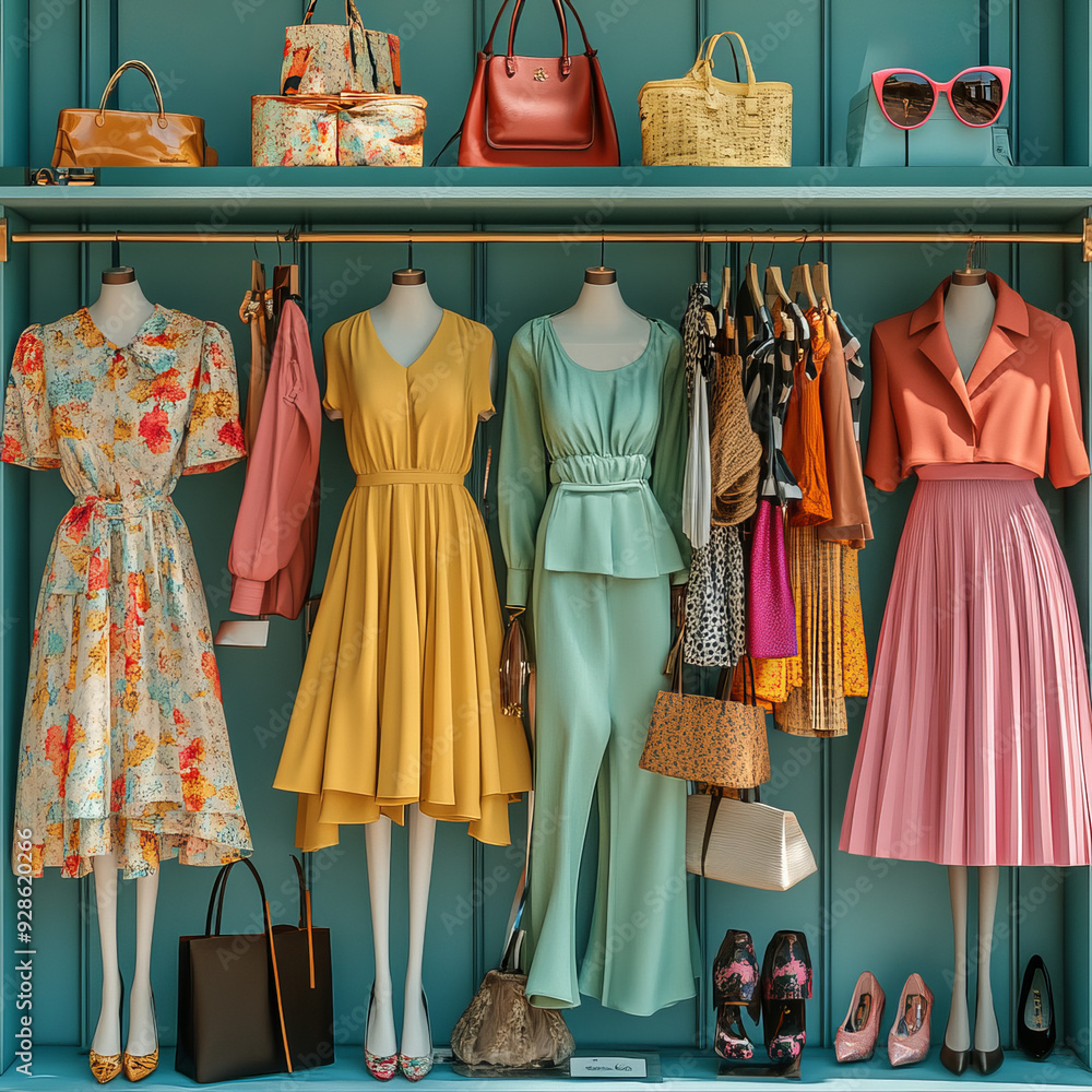 Design an image showcasing a chic fashion boutique with mannequins ...