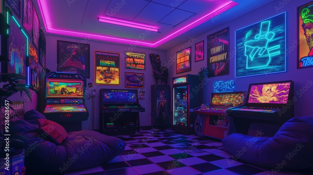 Retro gaming room, neon-colored LED lights, arcade-style gaming setup ...