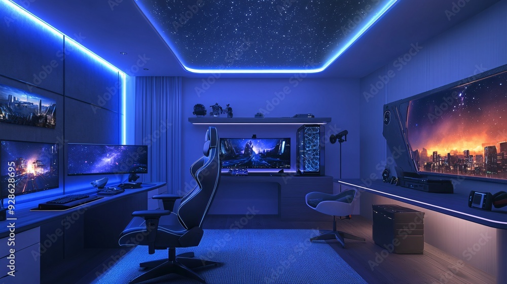 Sci-fi themed gaming room, futuristic gaming chair with LED accents ...