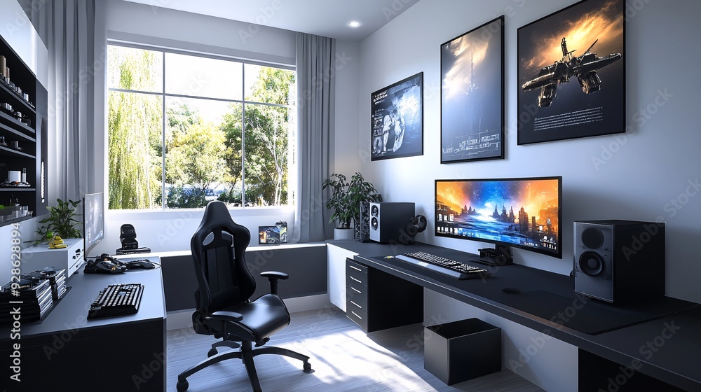 Minimalist gaming room, sleek black desk with a modern gaming setup, ergonomic chair, white ...