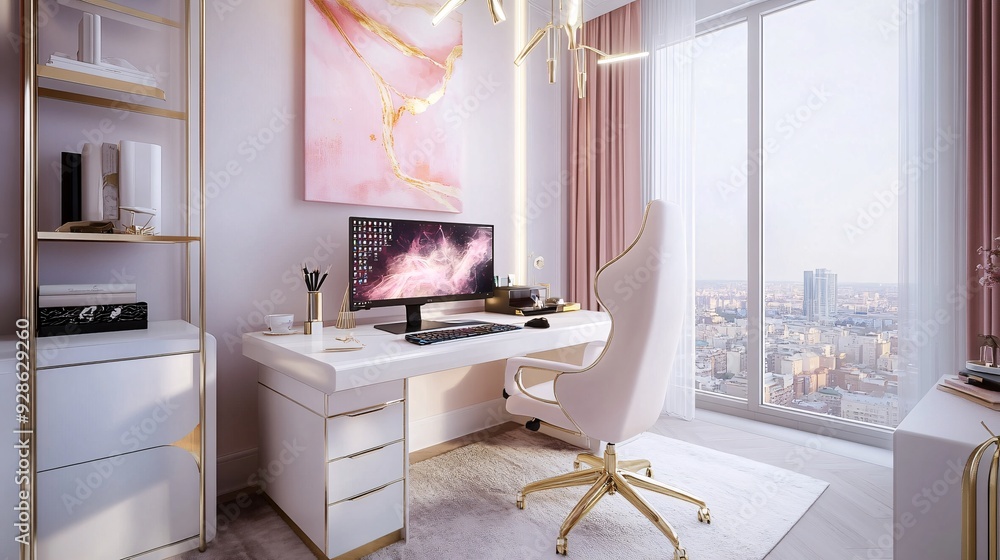 Chic gaming room, elegant desk with a high-end gaming setup, white gaming chair with gold ...